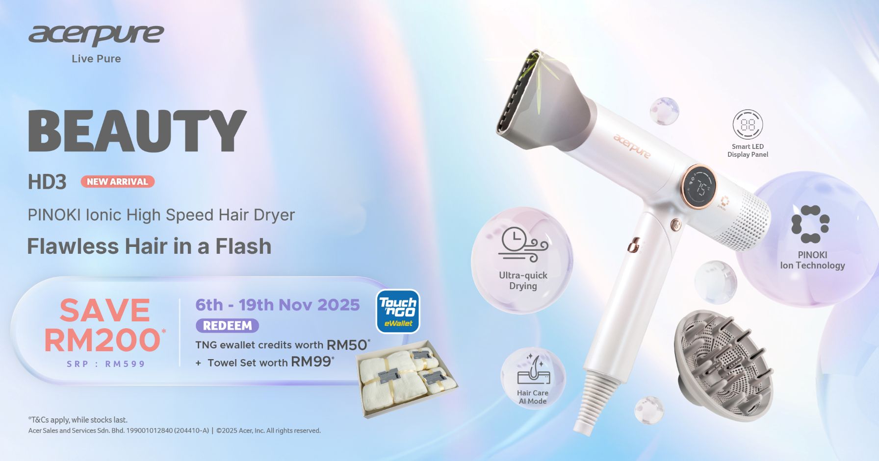 New Acerpure BEAUTY HD3 foldable hair dryer reduces frizz and classes ...